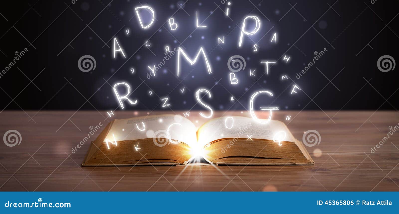 Open Book with Glowing Letters Flying Out Stock Photo - Image of ...