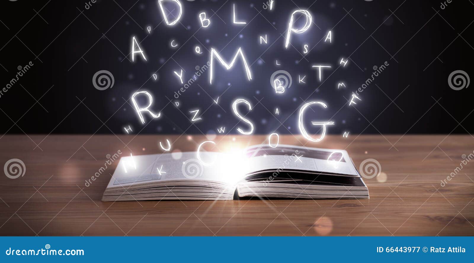Open Book with Glowing Letters Flying Out Stock Image - Image of ...