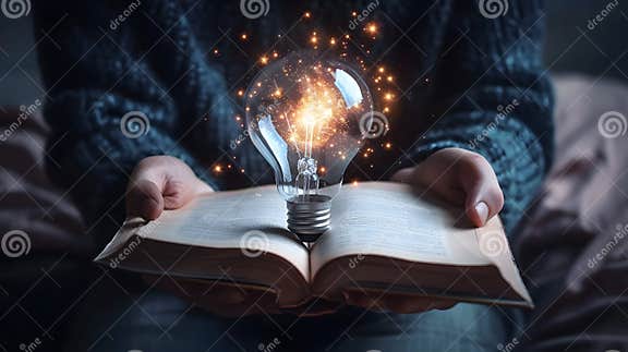 Open Book with Glowing Light Bulb, Concept of Knowledge and Inspiration ...