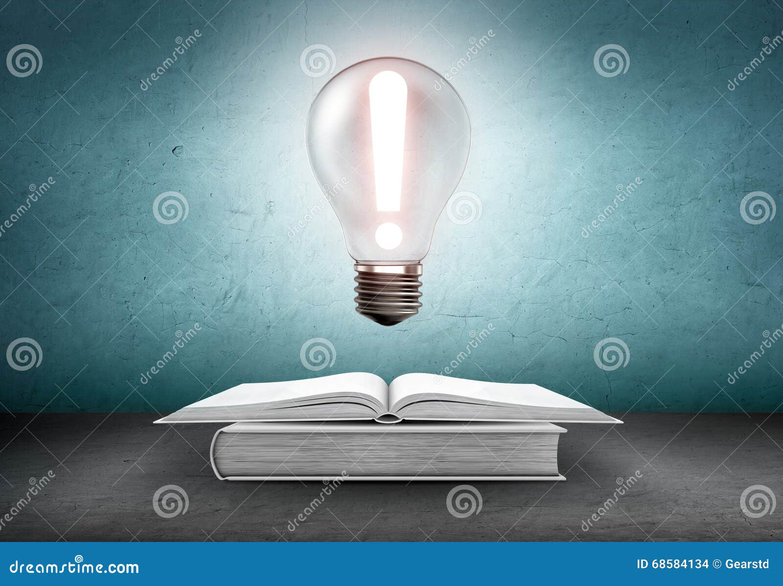 Open Book and Glowing Light Bulb with Exclamation Sign Over it ...