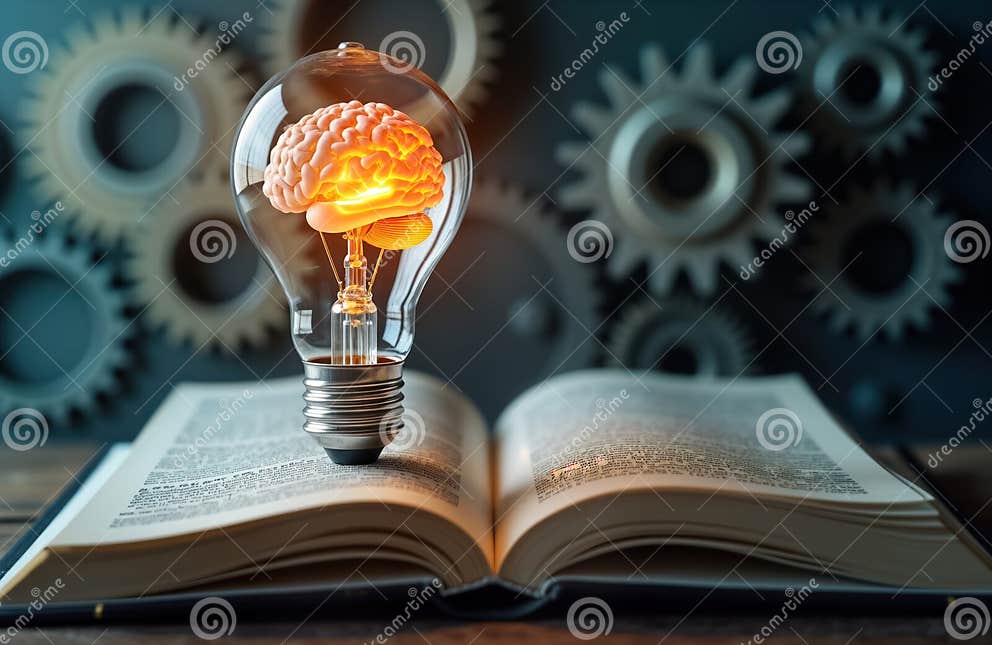 Open Book with Glowing Lightbulb Brain. Innovative Concept of Knowledge ...