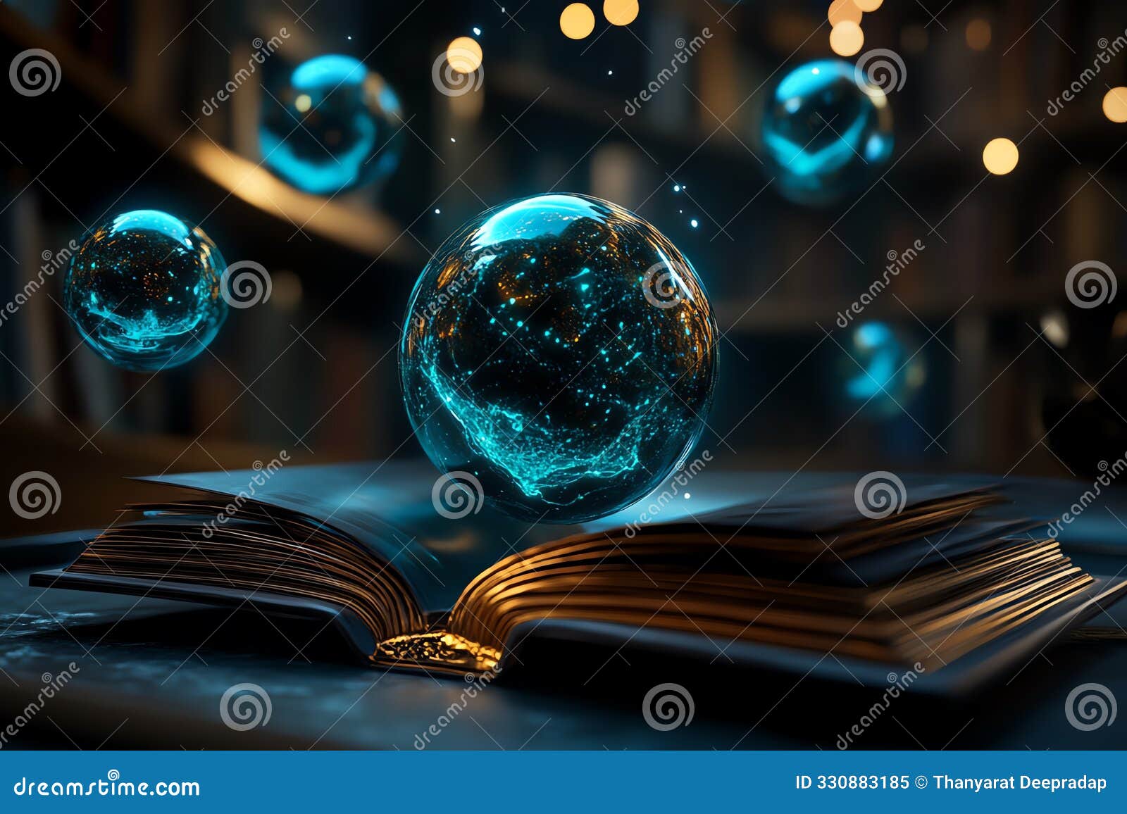 Open Book with Glowing Orbs Hovering Above, Representing Knowledge and ...