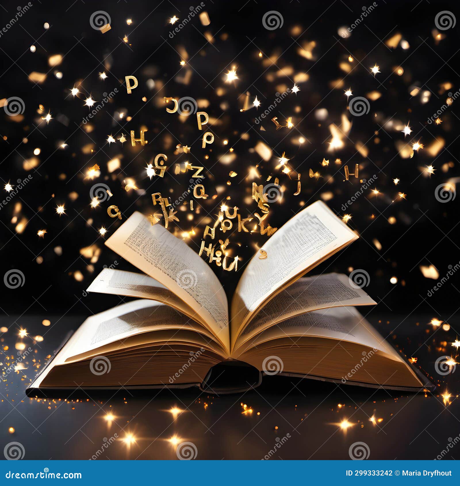 Open Book with Gold Exploding Words Stock Illustration - Illustration ...