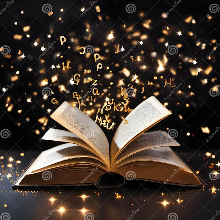 Open Book with Gold Exploding Words Stock Illustration - Illustration ...