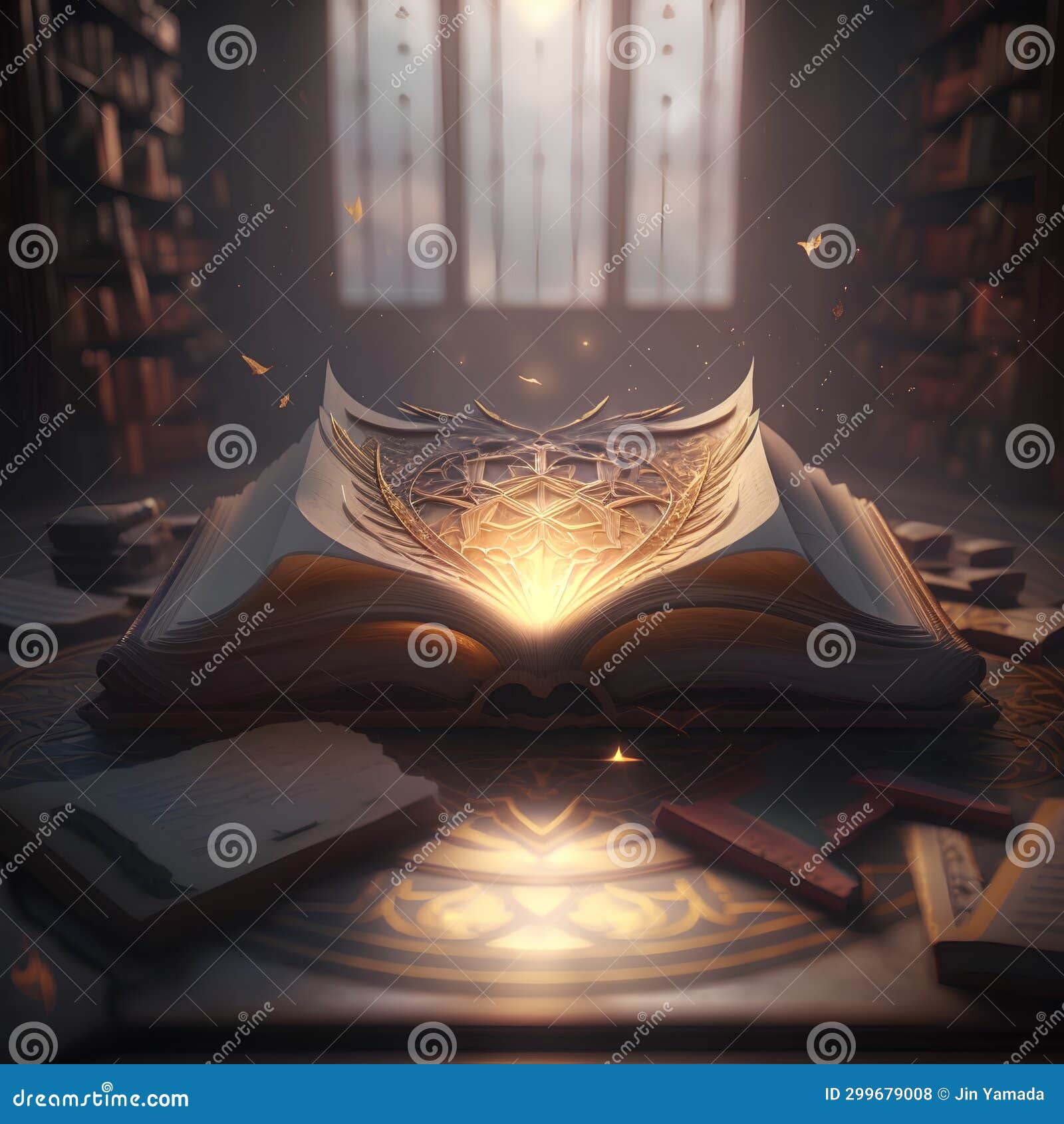 Open Book with Gold Pattern on Pages in Library. 3D Rendering Stock ...
