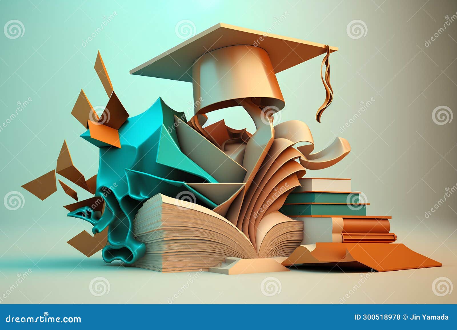 Open Book with Graduation Cap and Stack of Books. 3d Illustration Stock ...