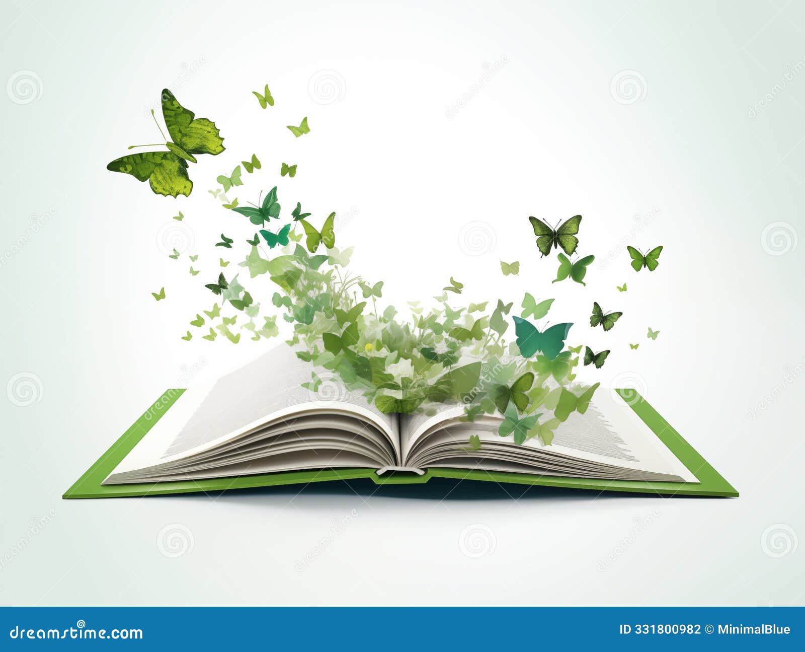 Open Book with Green Butterflies Flying Out on White Background Stock ...