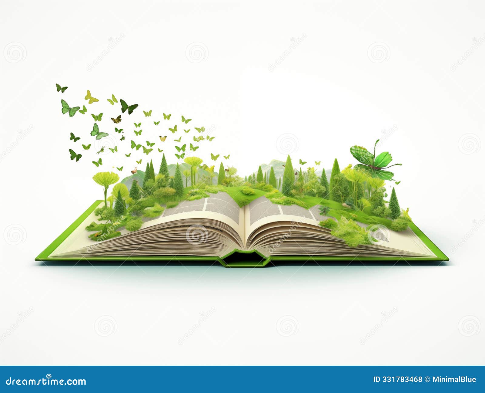 Open Book with Green Forest and Butterflies Stock Illustration ...