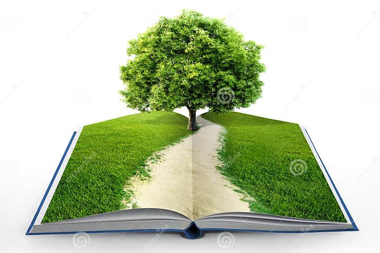 Open Book with Green Nature Stock Illustration - Illustration of clouds ...