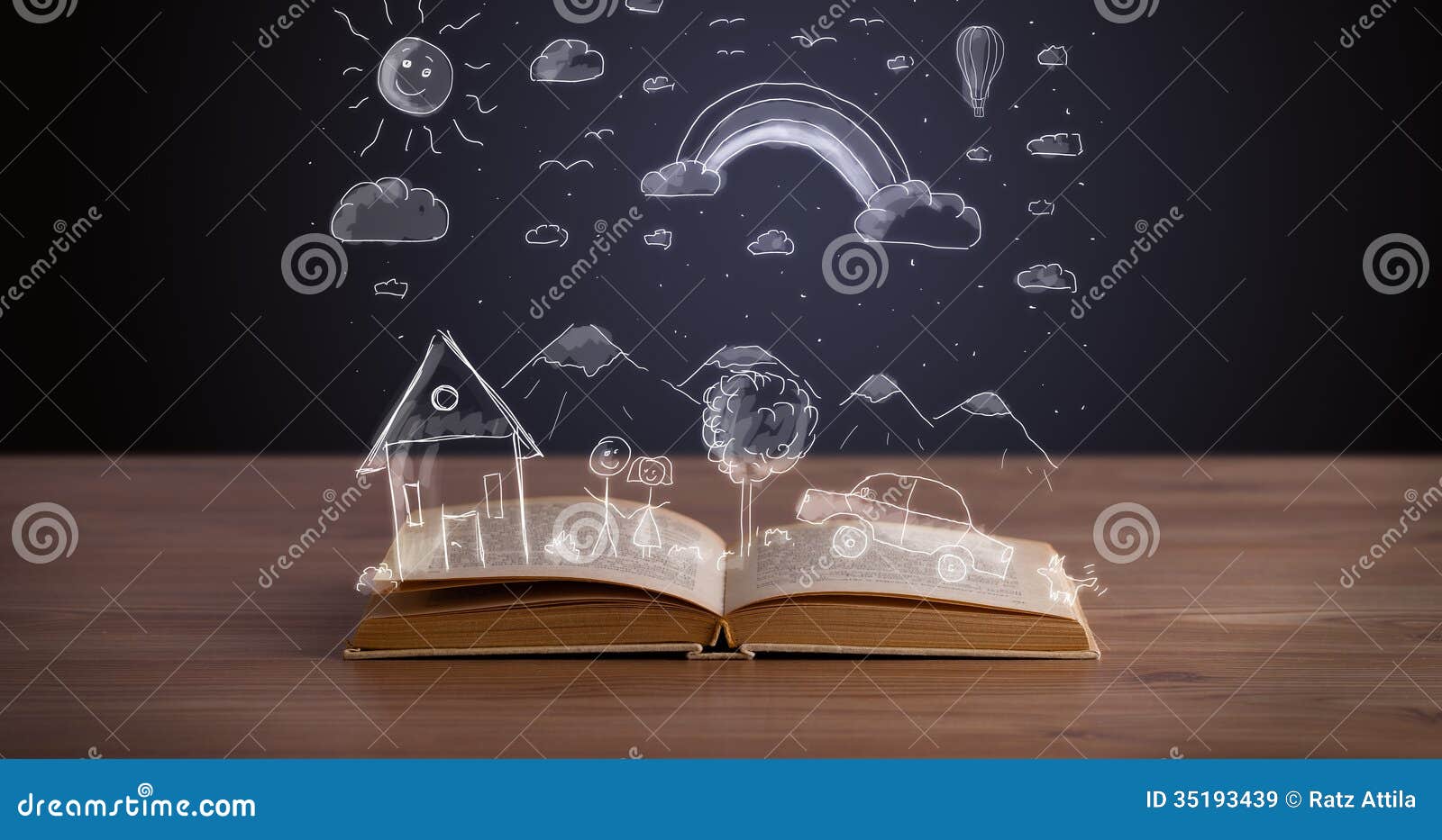 Open Book with Hand Drawn Landscape Stock Image - Image of effect ...