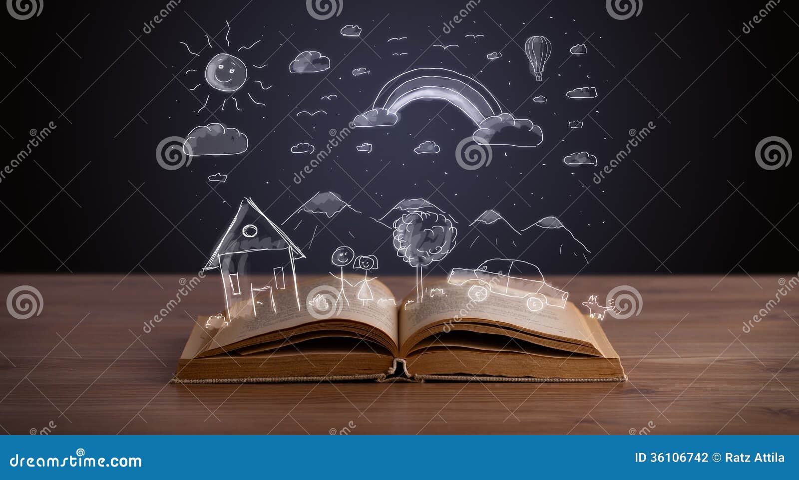 Open Book with Hand Drawn Landscape Stock Illustration - Illustration ...