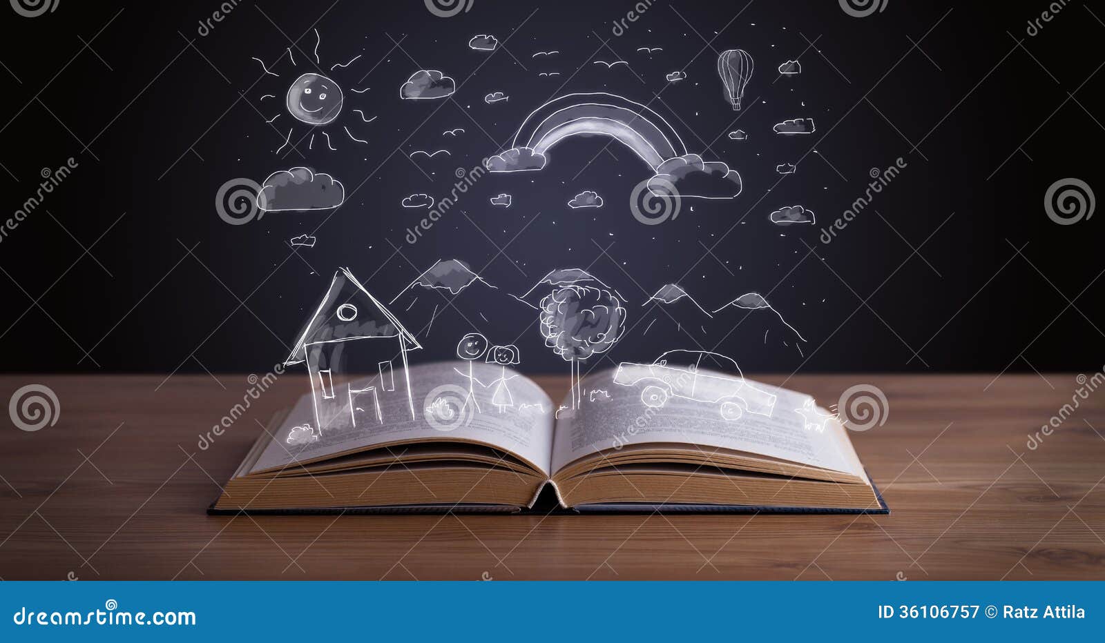 Open Book with Hand Drawn Landscape Stock Image - Image of childhood ...