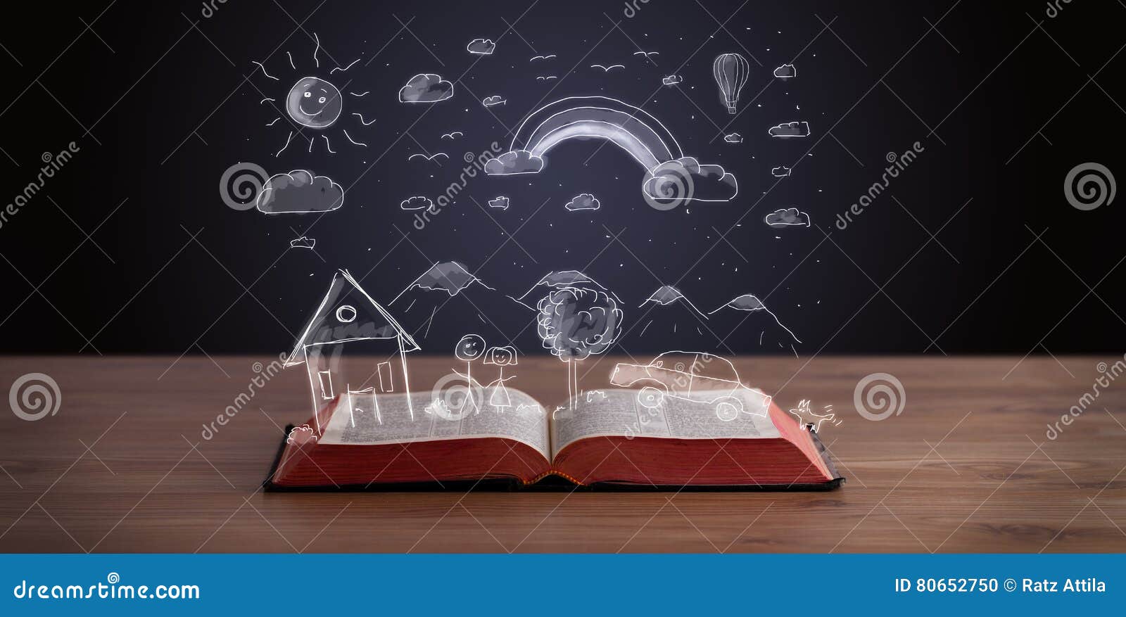 Open Book with Hand Drawn Landscape Stock Photo - Image of family ...