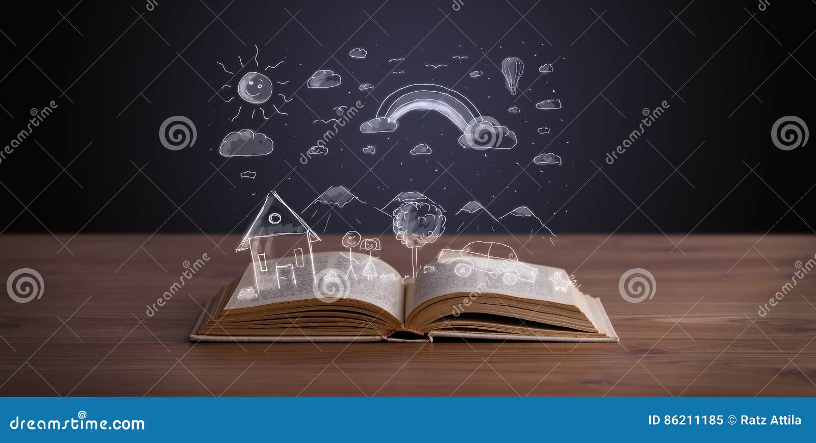 Open Book with Hand Drawn Landscape Stock Image - Image of hands ...