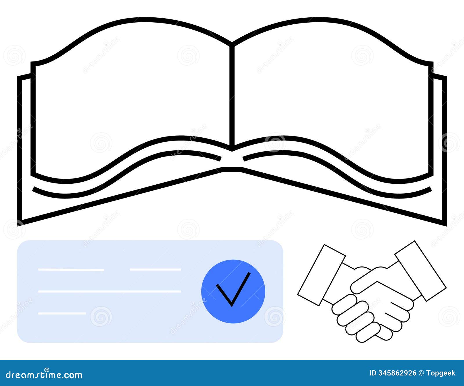 Open Book with Handshake Agreement and Checkmark, Symbolizing Education and Collaboration Stock ...