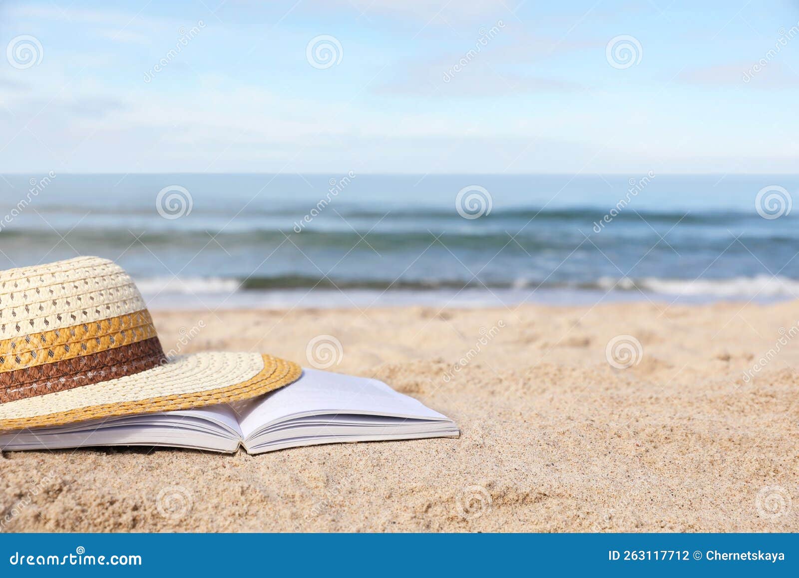 Open Book and Hat on Sandy Beach Near Sea. Space for Text Stock Photo ...