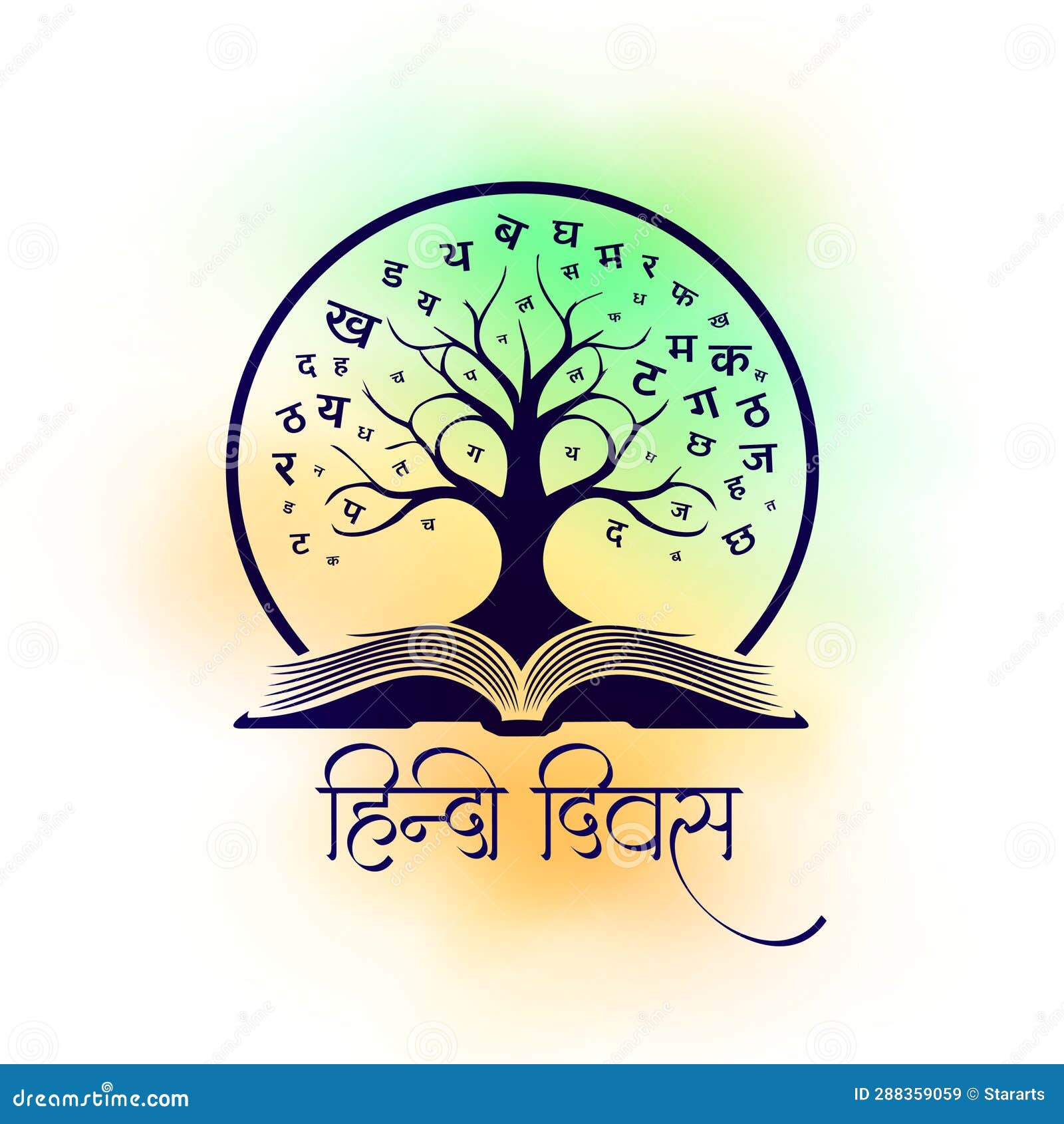 Open Book with Hindi Letters Tree for Hindi Diwas Event Stock ...