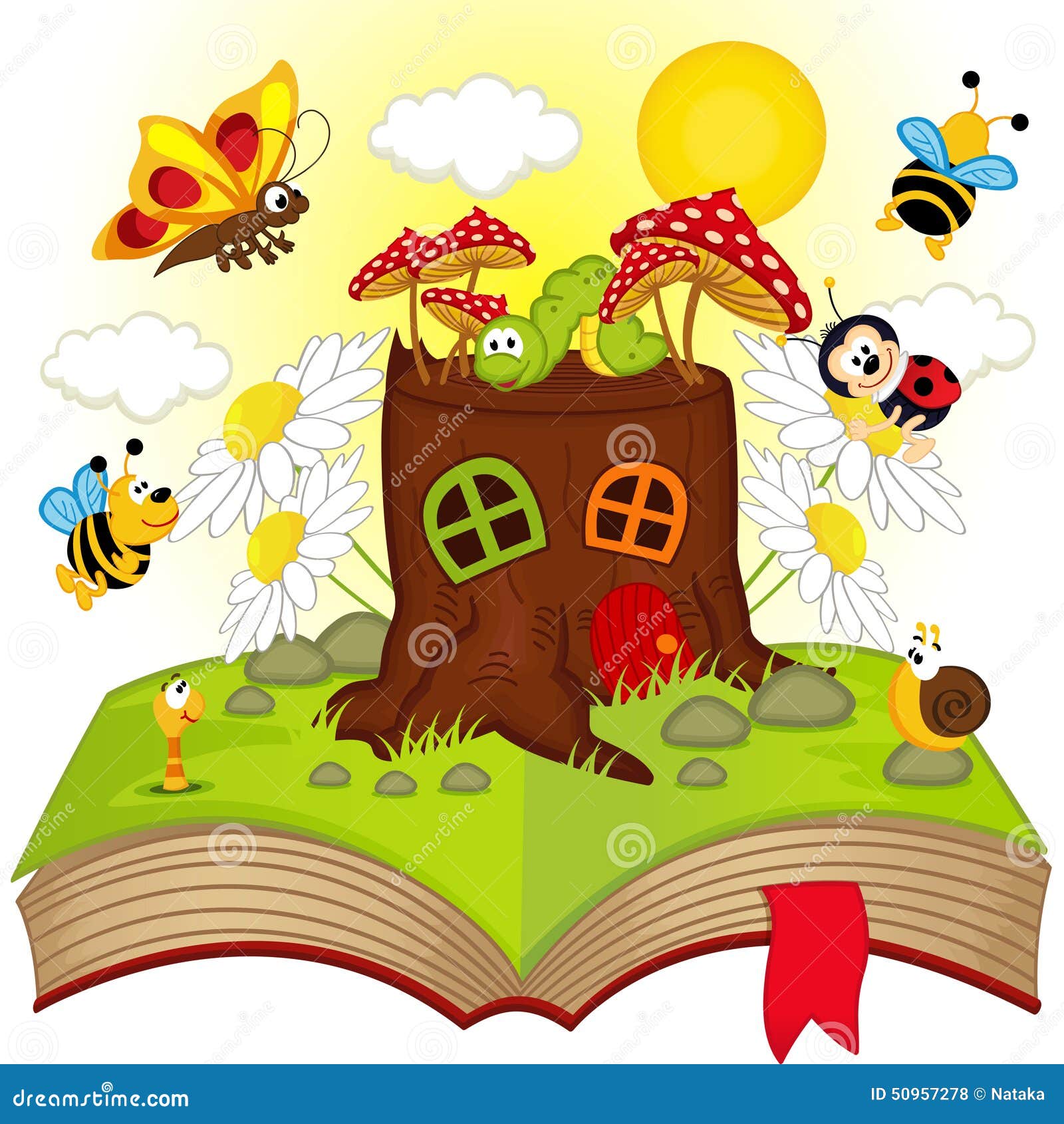 Open Book with House Stump and Insects Stock Vector - Illustration of ...