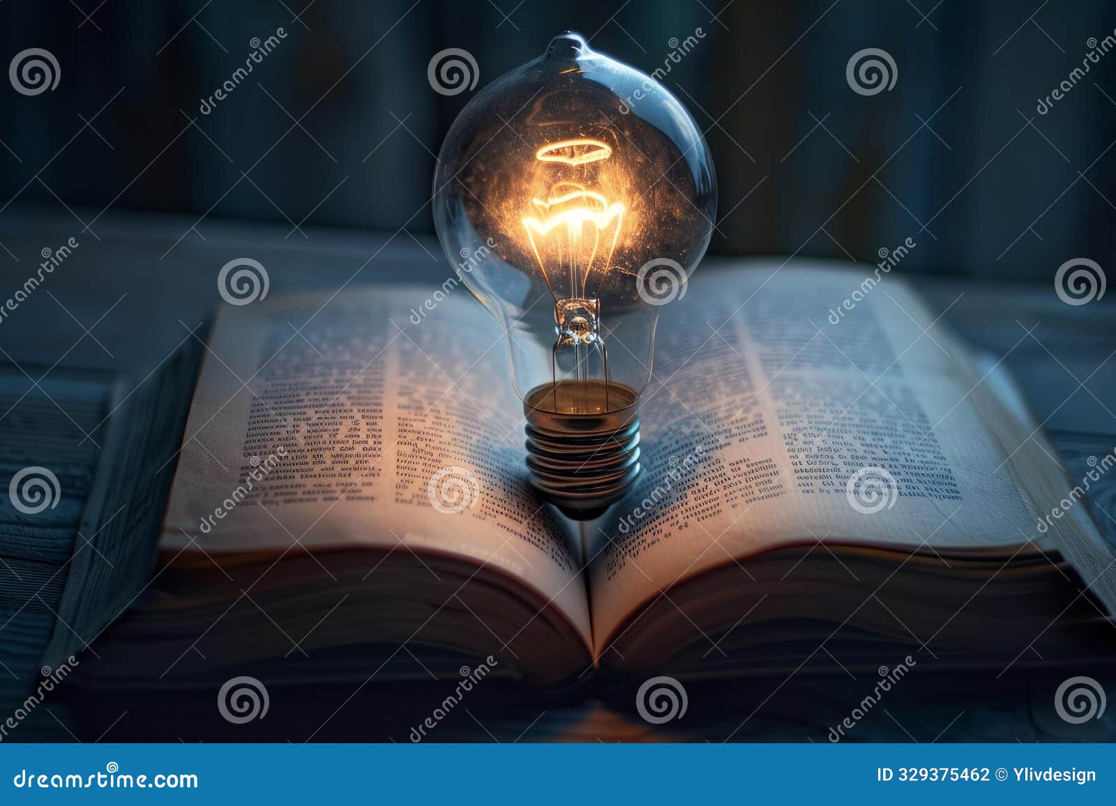 Light Bulb Standing on Open Book Illuminating Pages with Warm Light ...