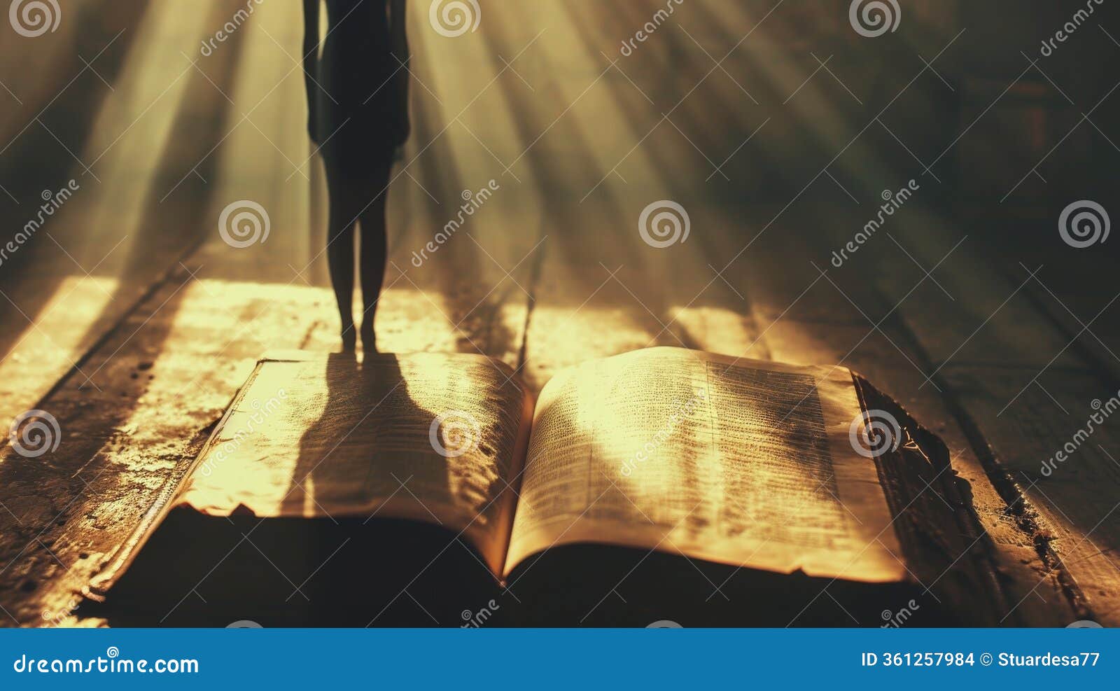 Open Book Illuminated by Rays of Sunlight with a Shadowy Figure Stock ...