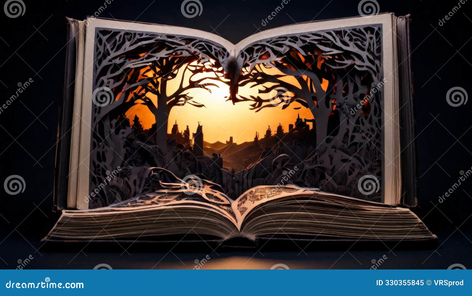 Open Book with Intricate Paper Cutouts and Glowing Sunset Stock Image ...