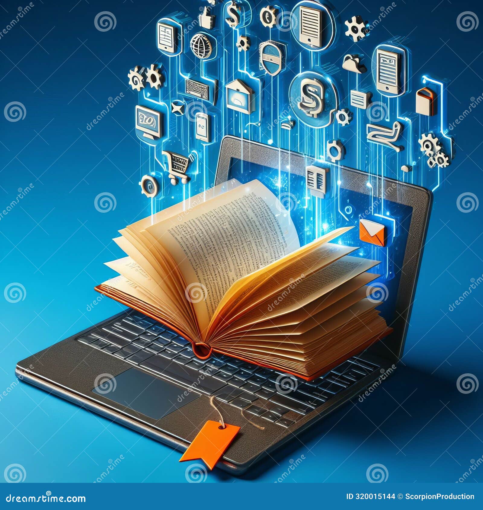Open Book on Laptop with Digital Icons Stock Photo - Image of tech ...