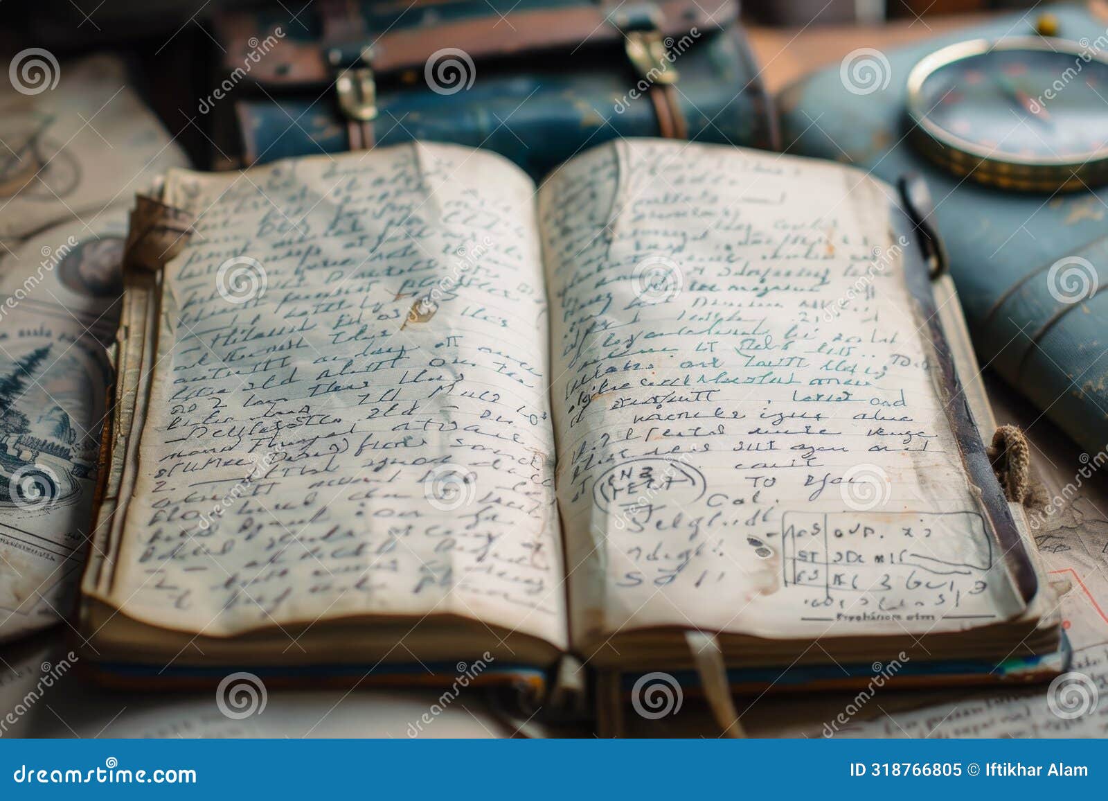 An Open Book Lays on a Wooden Table, an Open Notebook with Handwritten ...