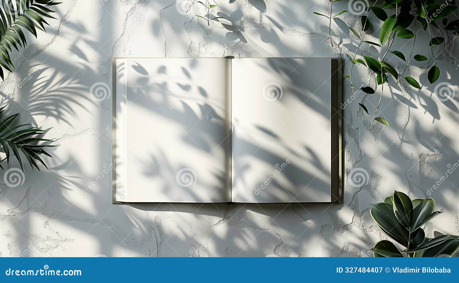 Open Book with Leaf Shadows on a White Wall Stock Illustration ...