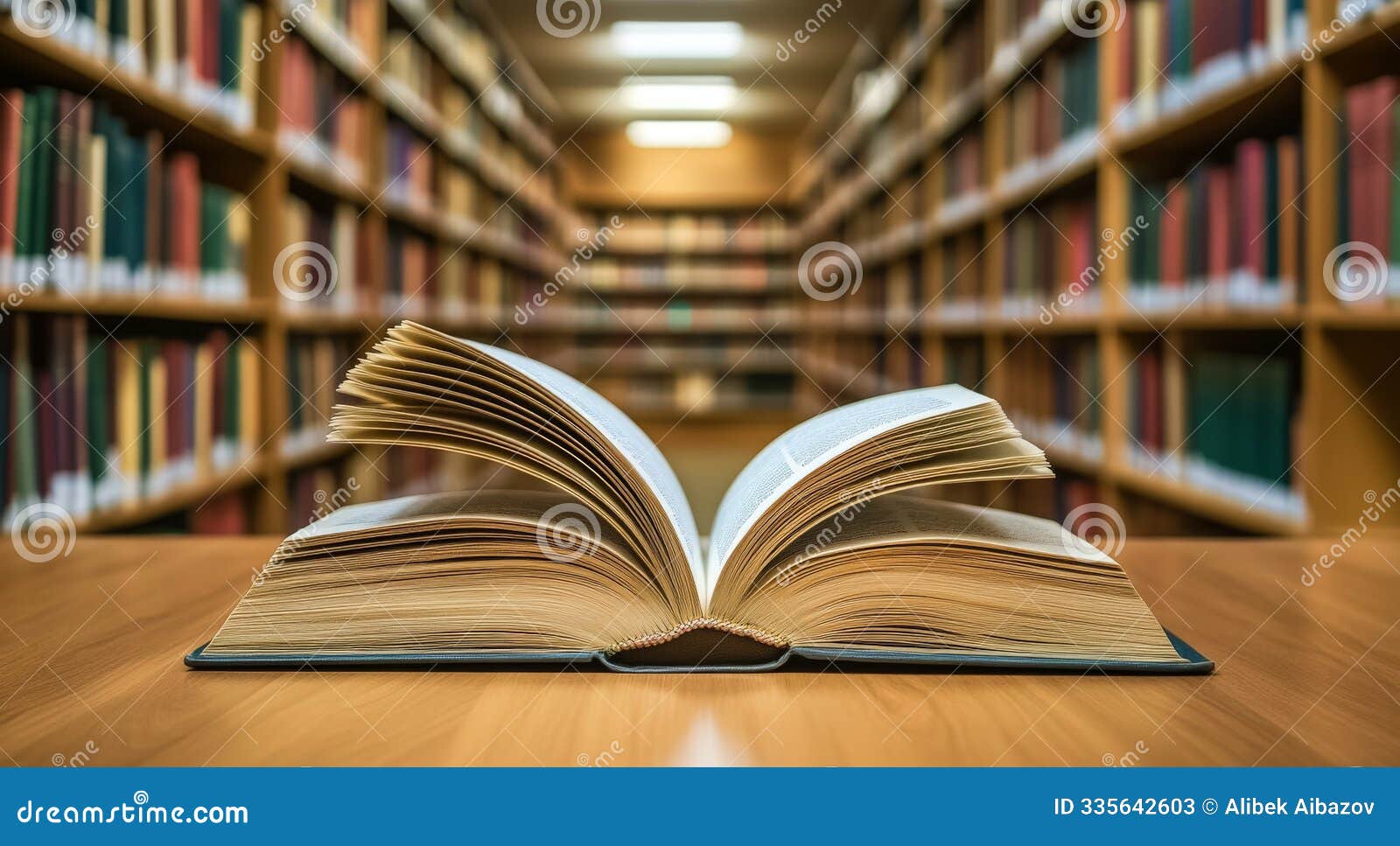 Open Book in a Library Aisle with Blurred Bookshelves in Background ...