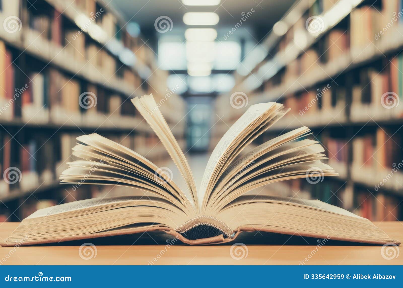 Open Book in Library Aisle with Glowing Rows of Shelves Stock ...