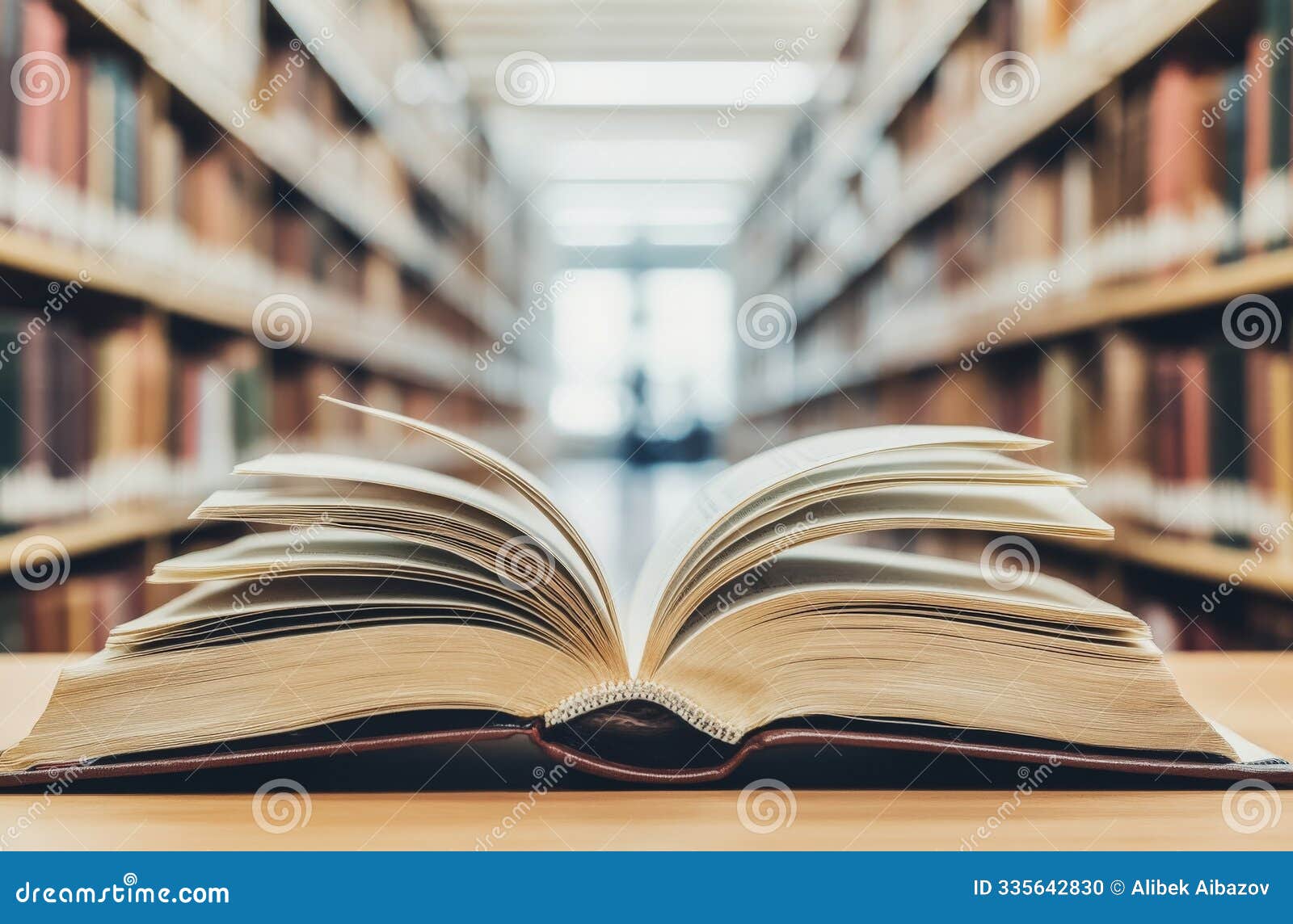Open Book in Library Aisle with Shelves of Books in Soft Focus Stock ...