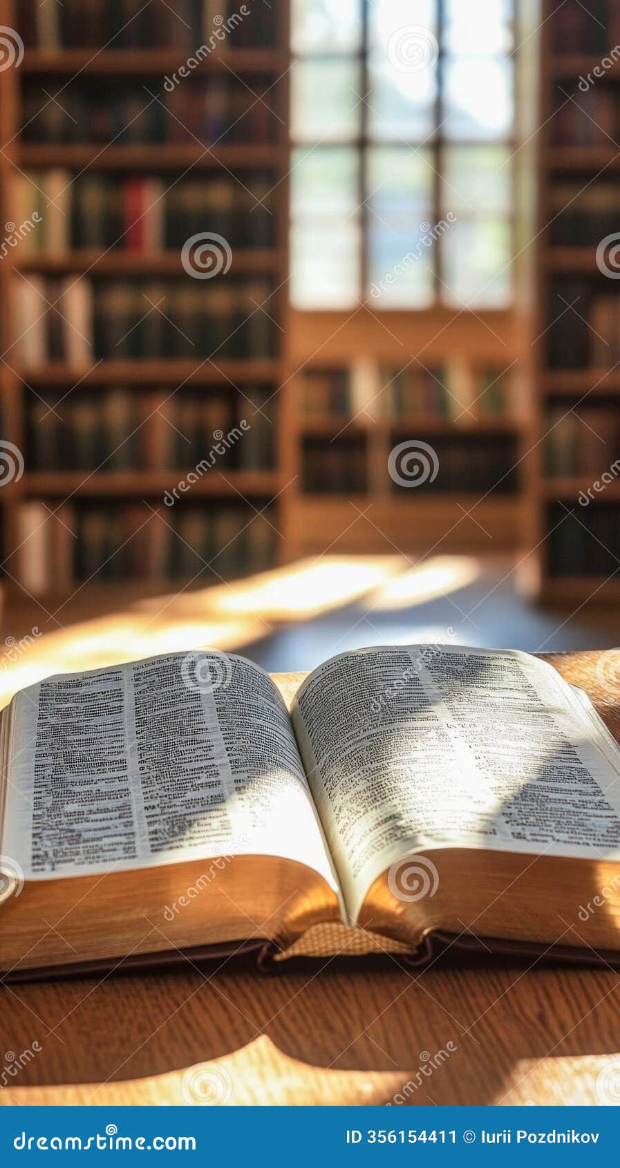 Open Book Lying on Desk in Library with Sunlight Shining through Window ...