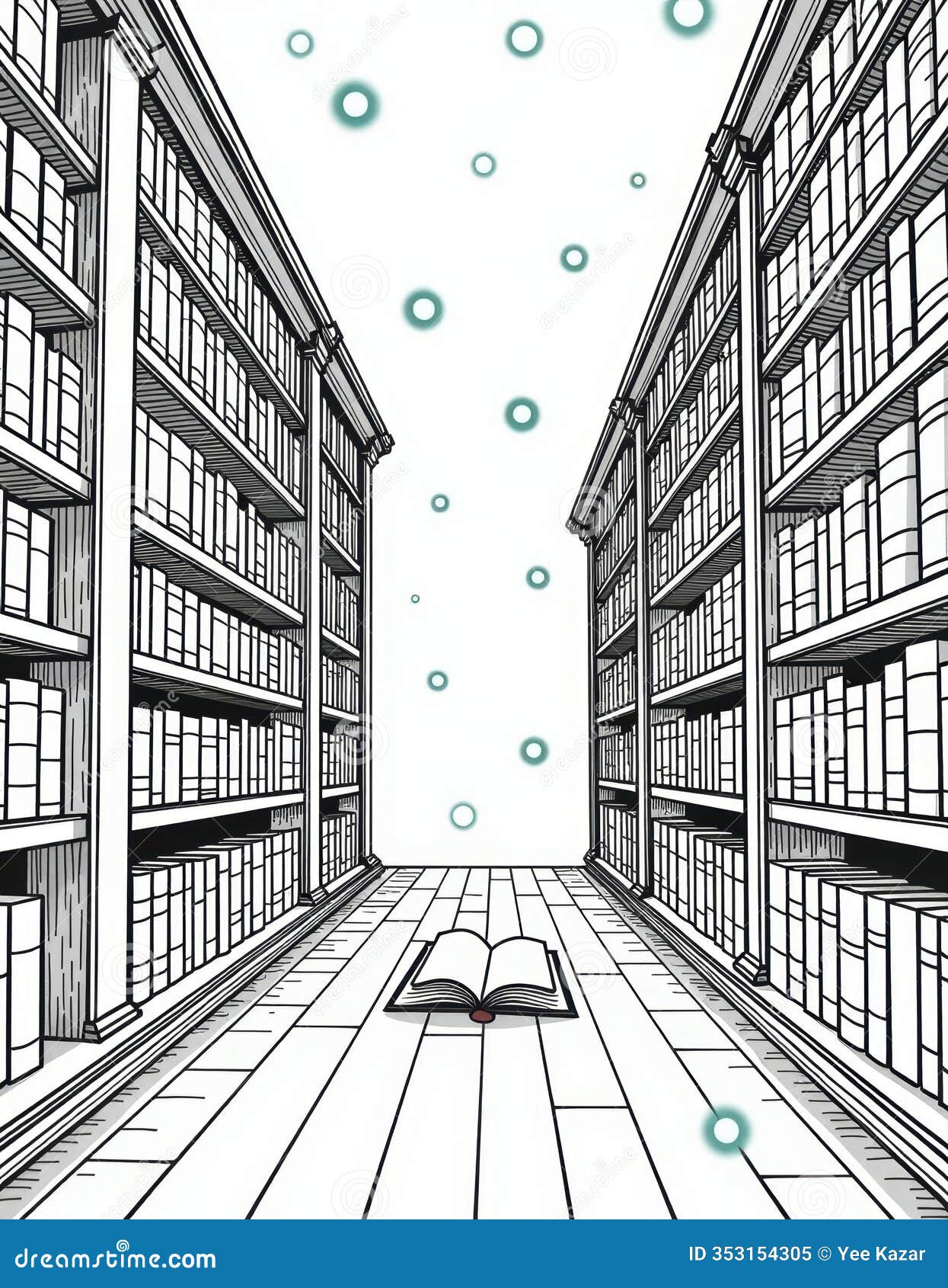 Open Book in a Library Hallway with Floating Bubbles, Line Art ...