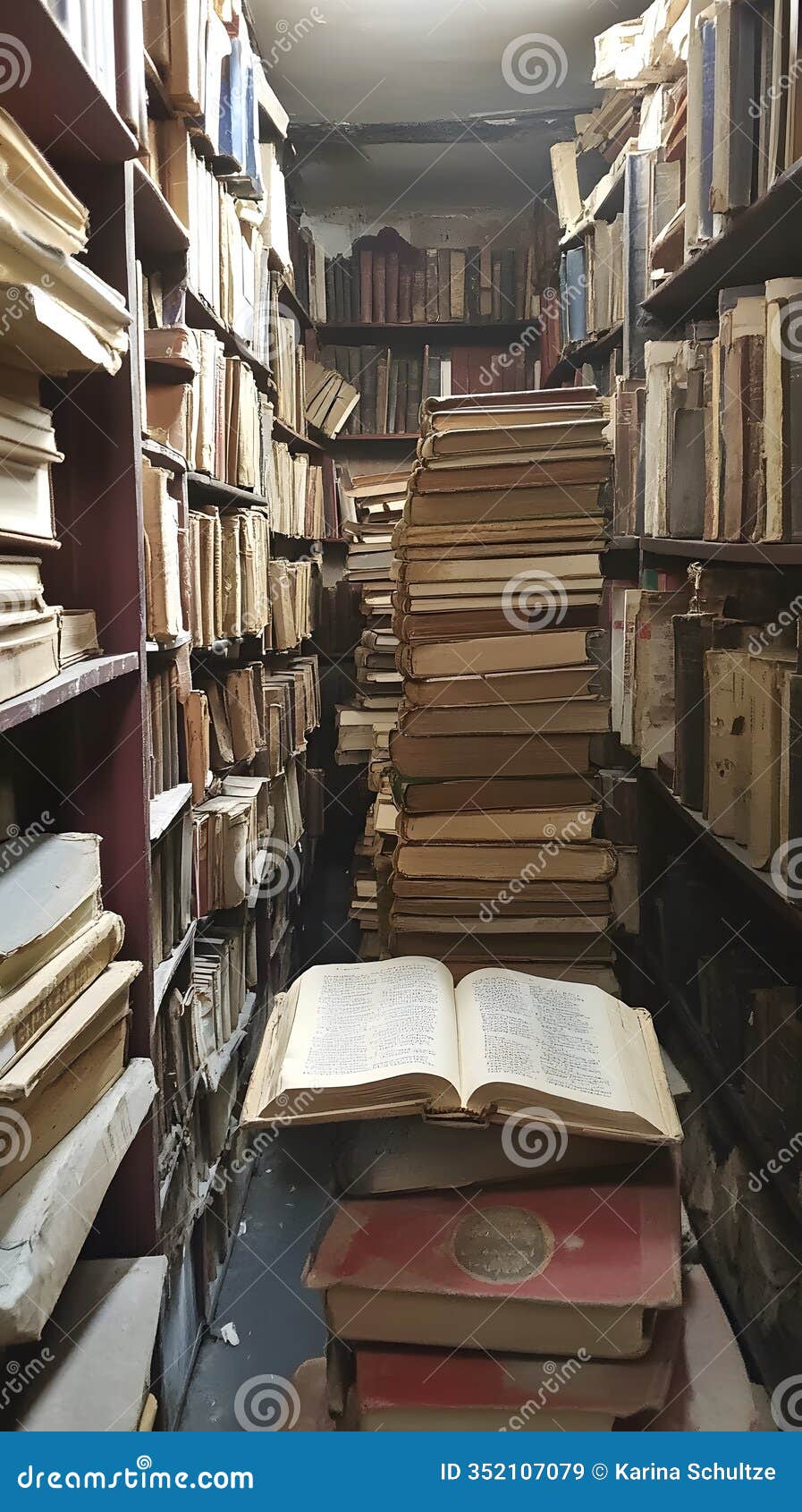 Old Library, Stacked Books, Cluttered Shelves, Dim Light, Atmospheric ...