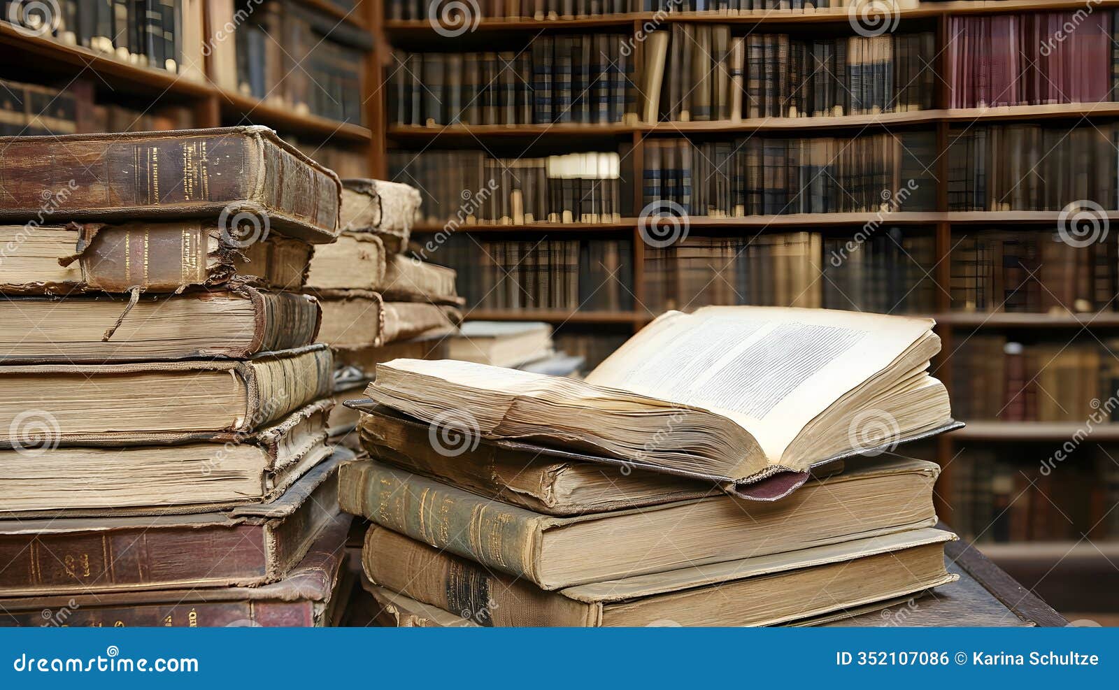 An Open Book in a Library Stacked with Old Textbooks Stock Illustration ...