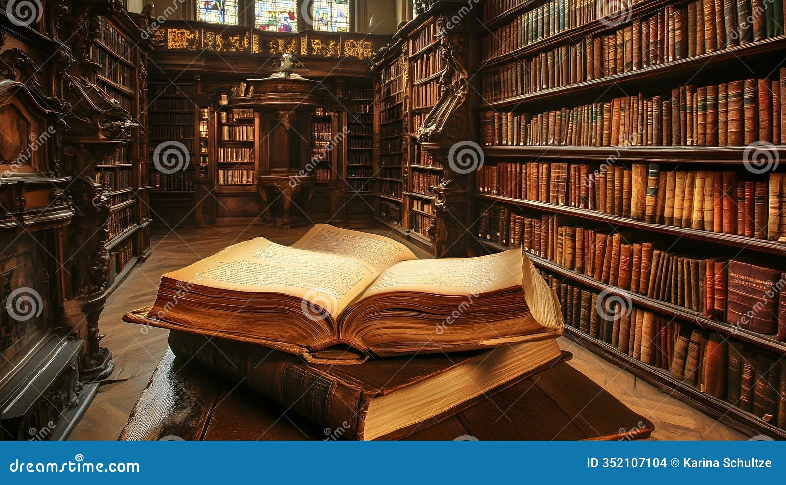 An Open Book in a Library Stacked with Old Textbooks Stock Illustration ...