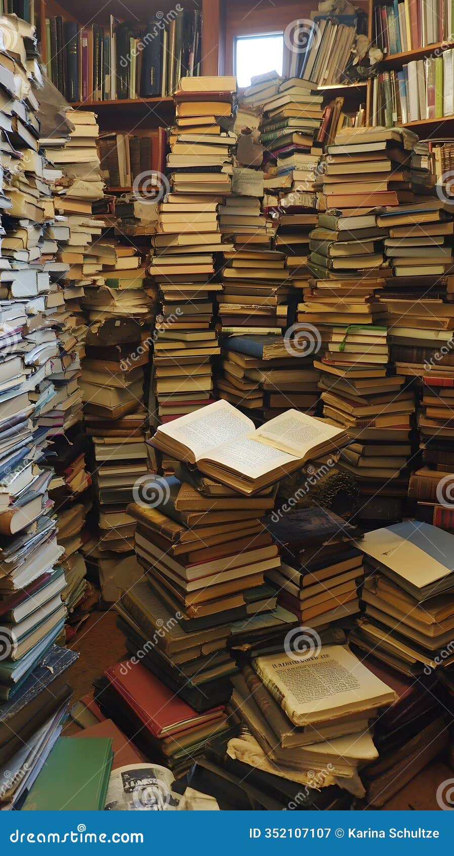 An Open Book in a Library Stacked with Old Textbooks Stock Illustration ...