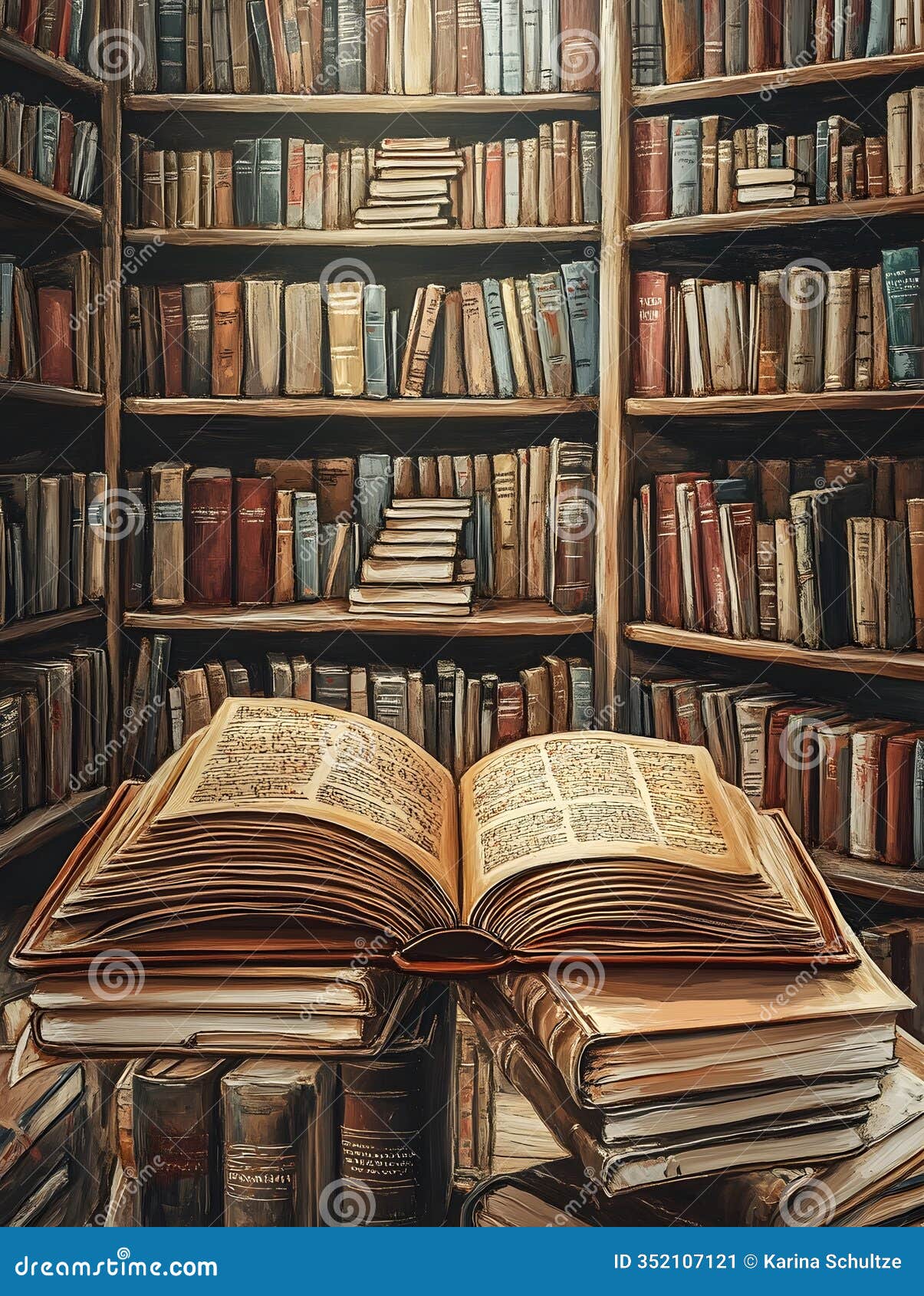 An Open Book in a Library Stacked with Old Textbooks Stock Illustration ...