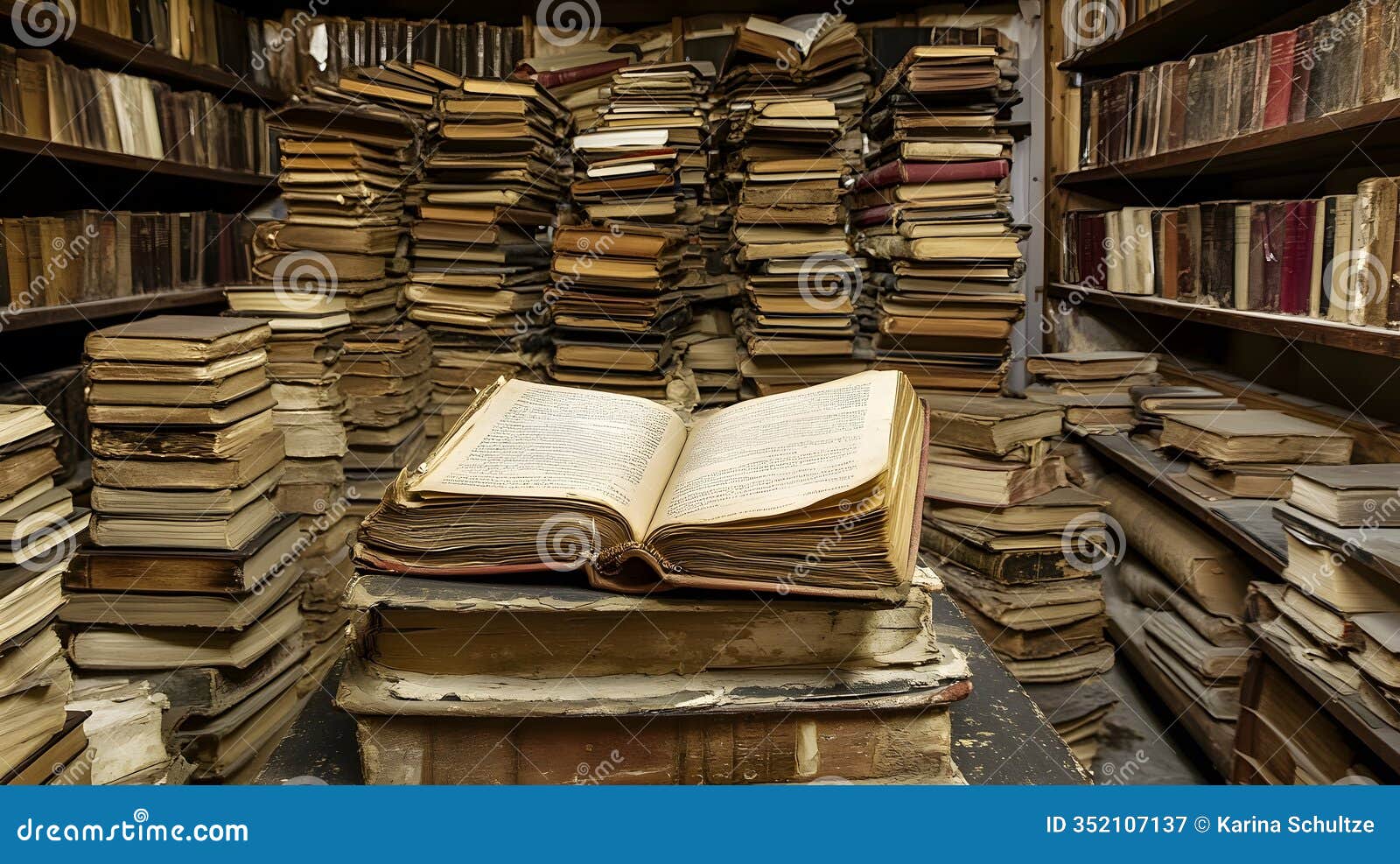 An Open Book in a Library Stacked with Old Textbooks Stock Illustration ...