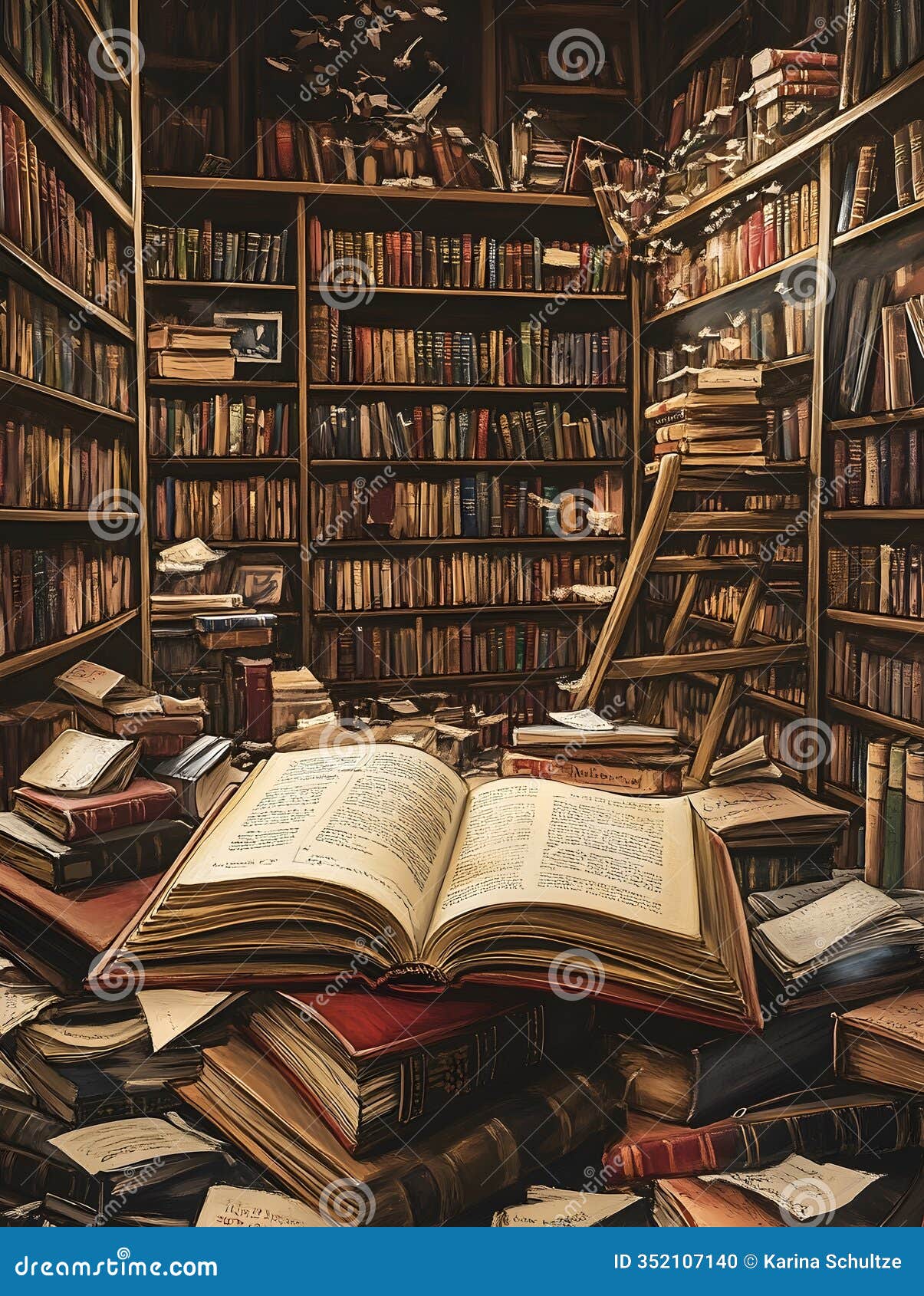 Old Library, Stacked Books, Cluttered Shelves, Overhead View, Chaotic ...