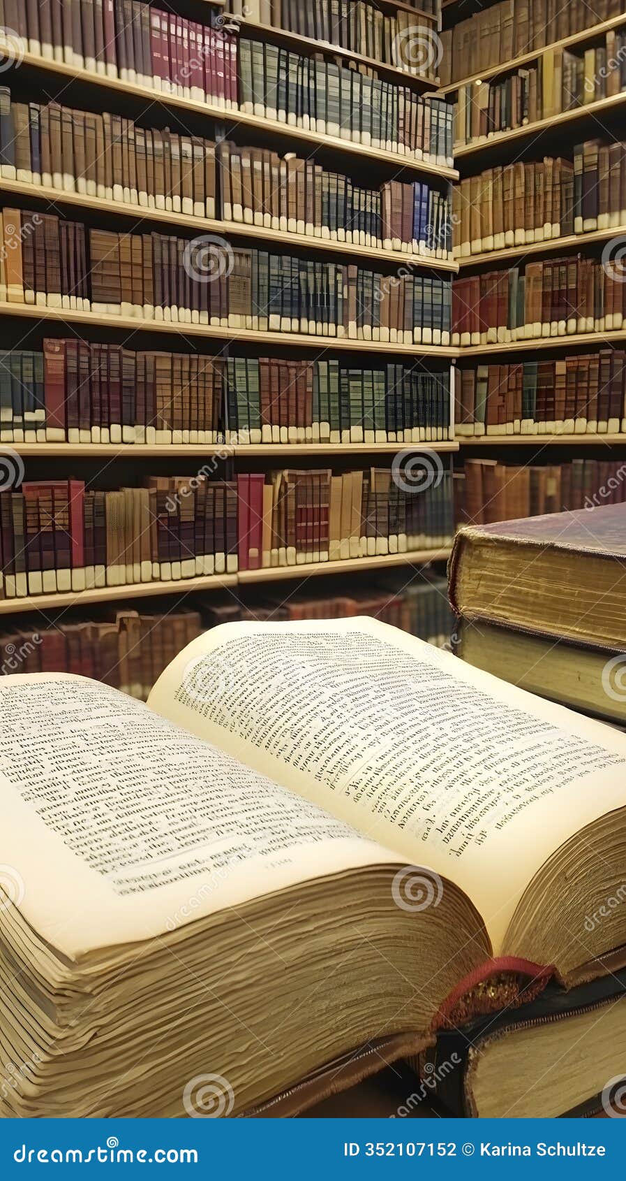 An Open Book in a Library Stacked with Old Textbooks Stock Illustration ...
