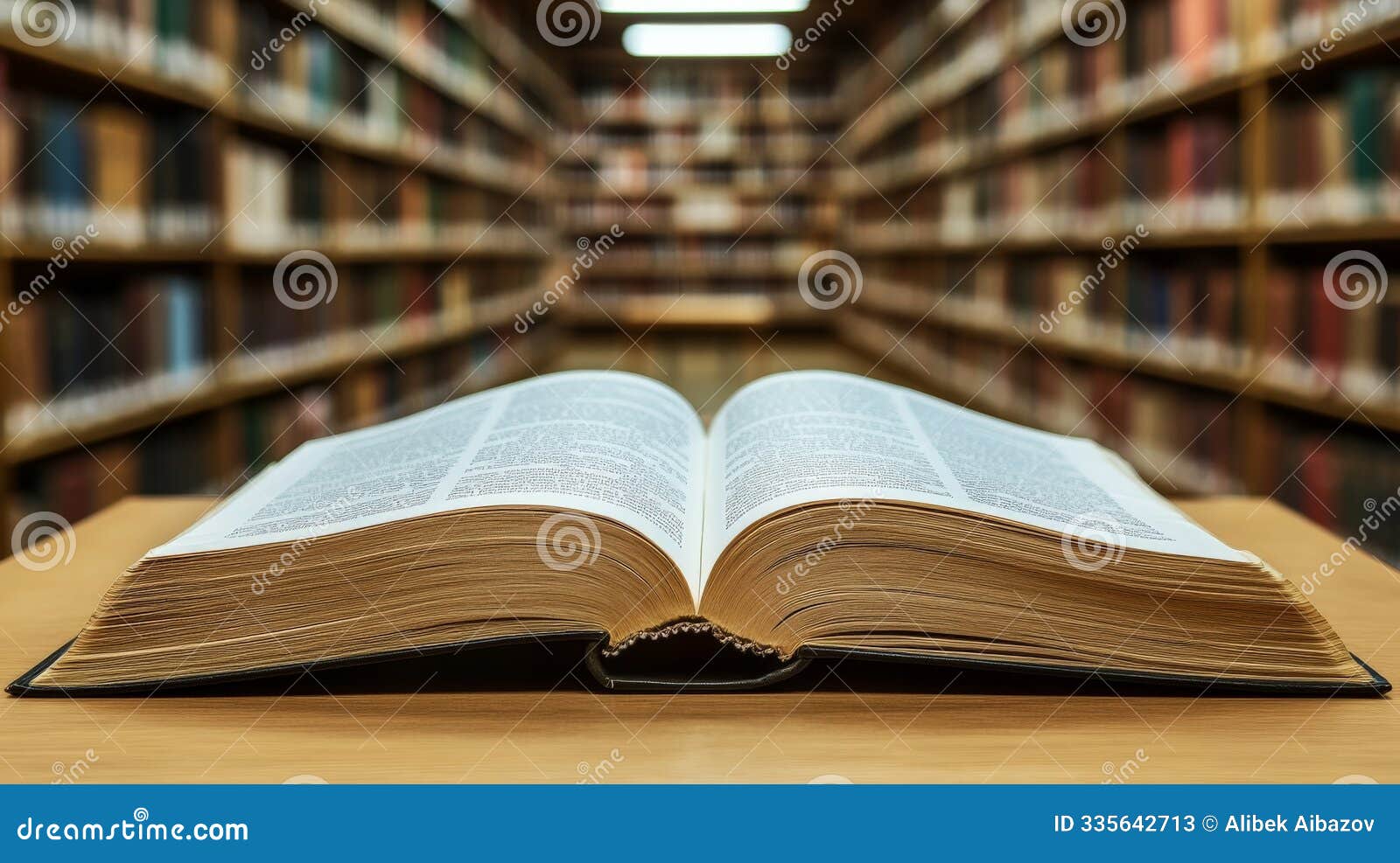 Open Book on a Library Table with Shelves in the Background Stock ...