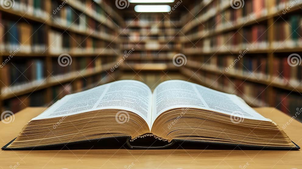 Open Book on a Library Table with Shelves in the Background Stock Illustration - Illustration of ...