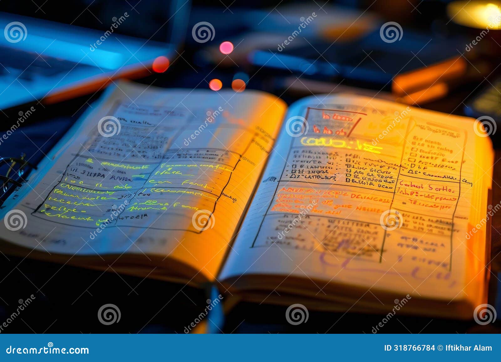 An Open Book Lies Atop a Table, Pages Filled with Highlighted Notes, an ...