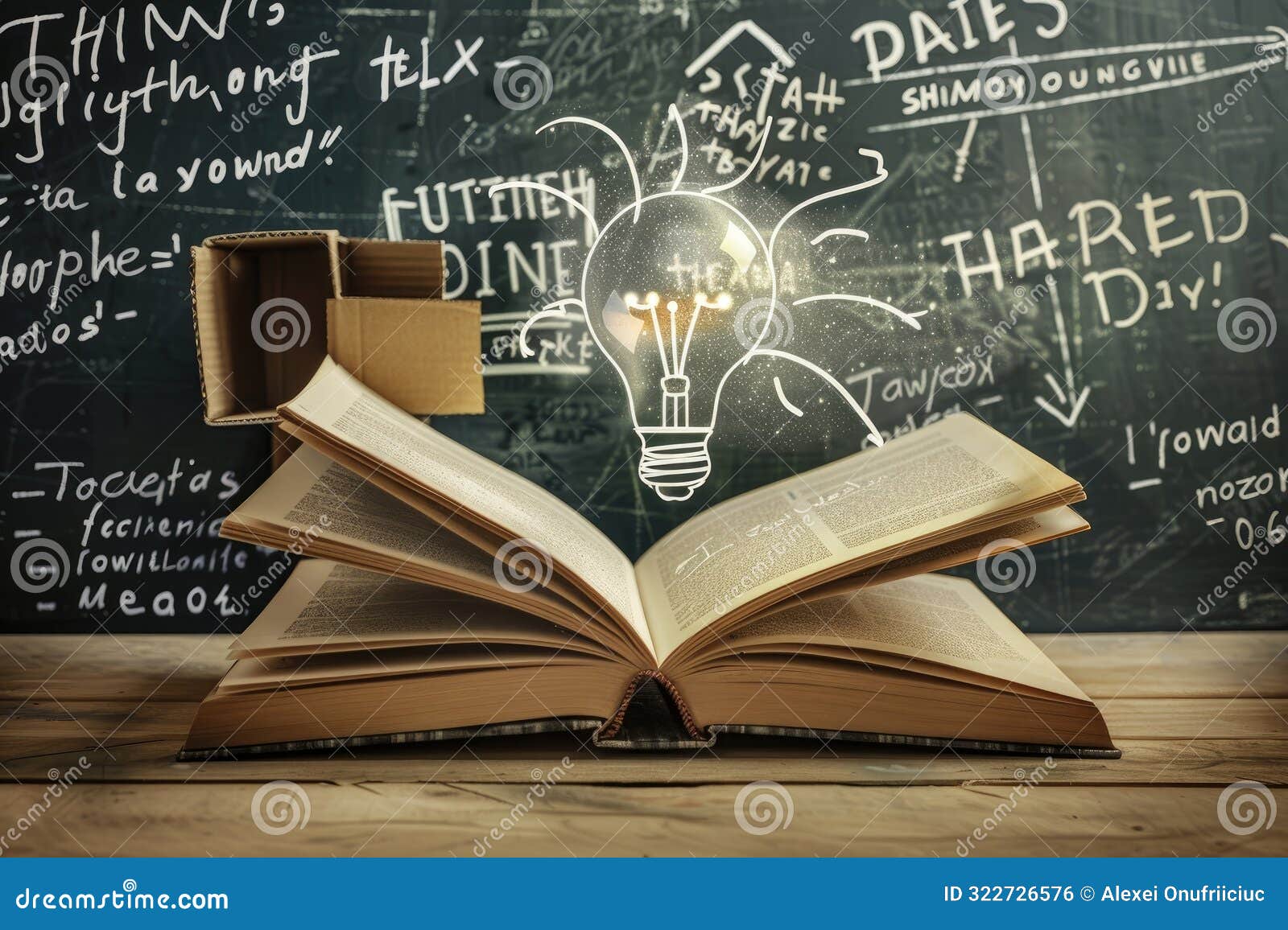 An Open Book with a Light Bulb in Front of a Blackboard Stock Photo ...