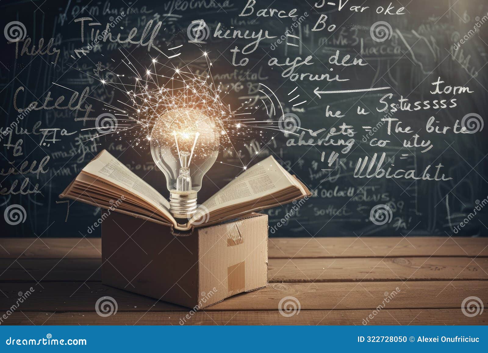 An Open Book with a Light Bulb in Front of a Blackboard Stock Photo ...
