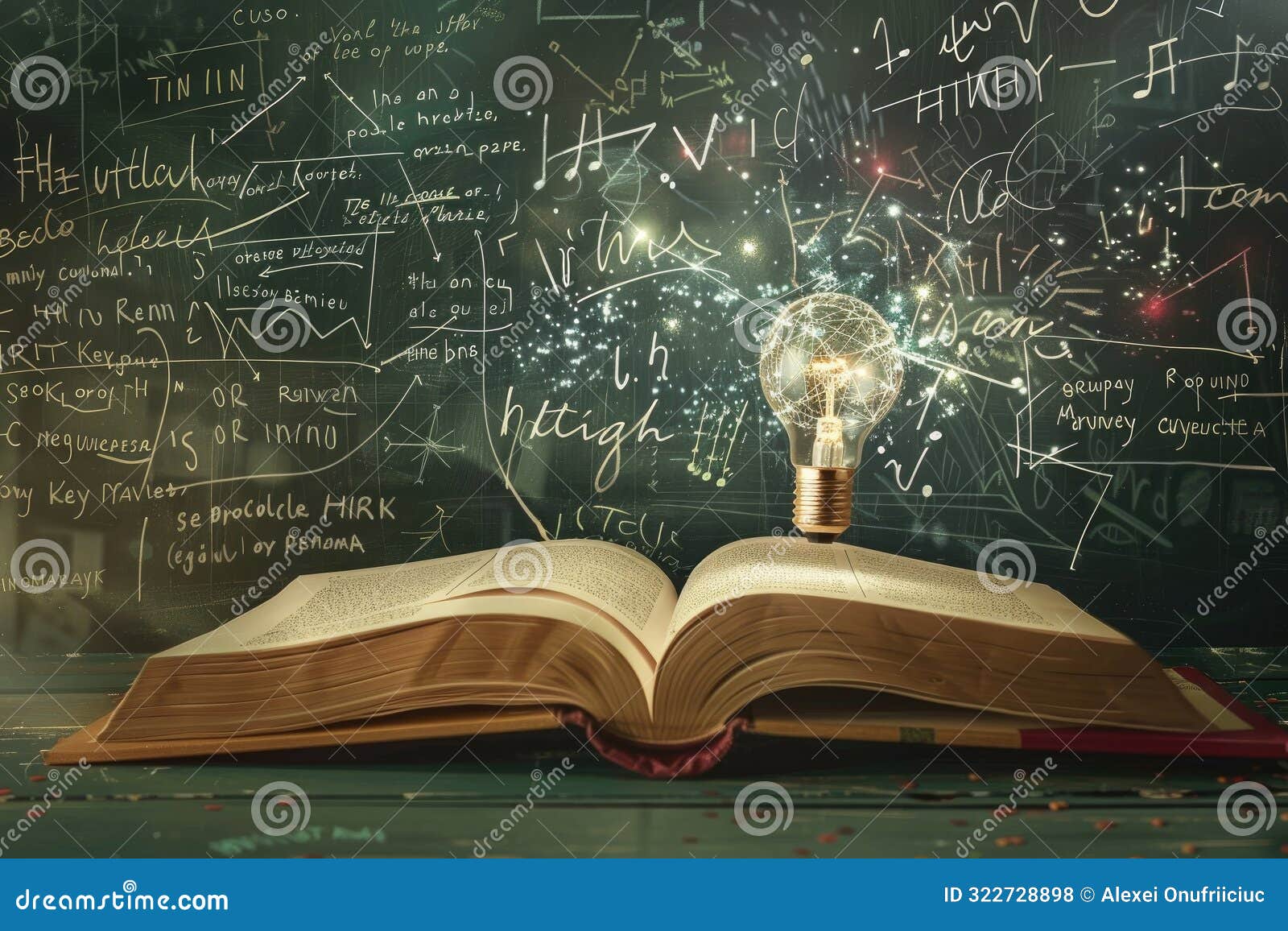 An Open Book with a Light Bulb in Front of a Blackboard Stock Photo ...
