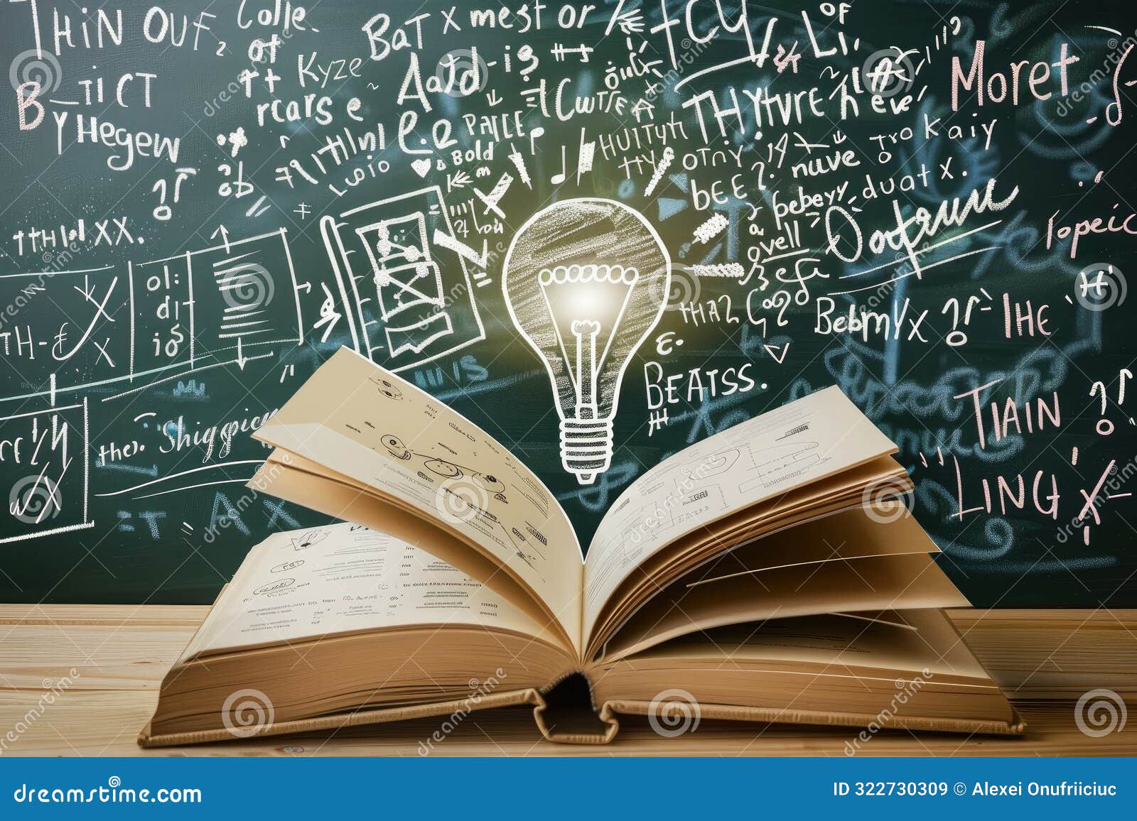An Open Book with a Light Bulb in Front of a Blackboard Stock Image ...