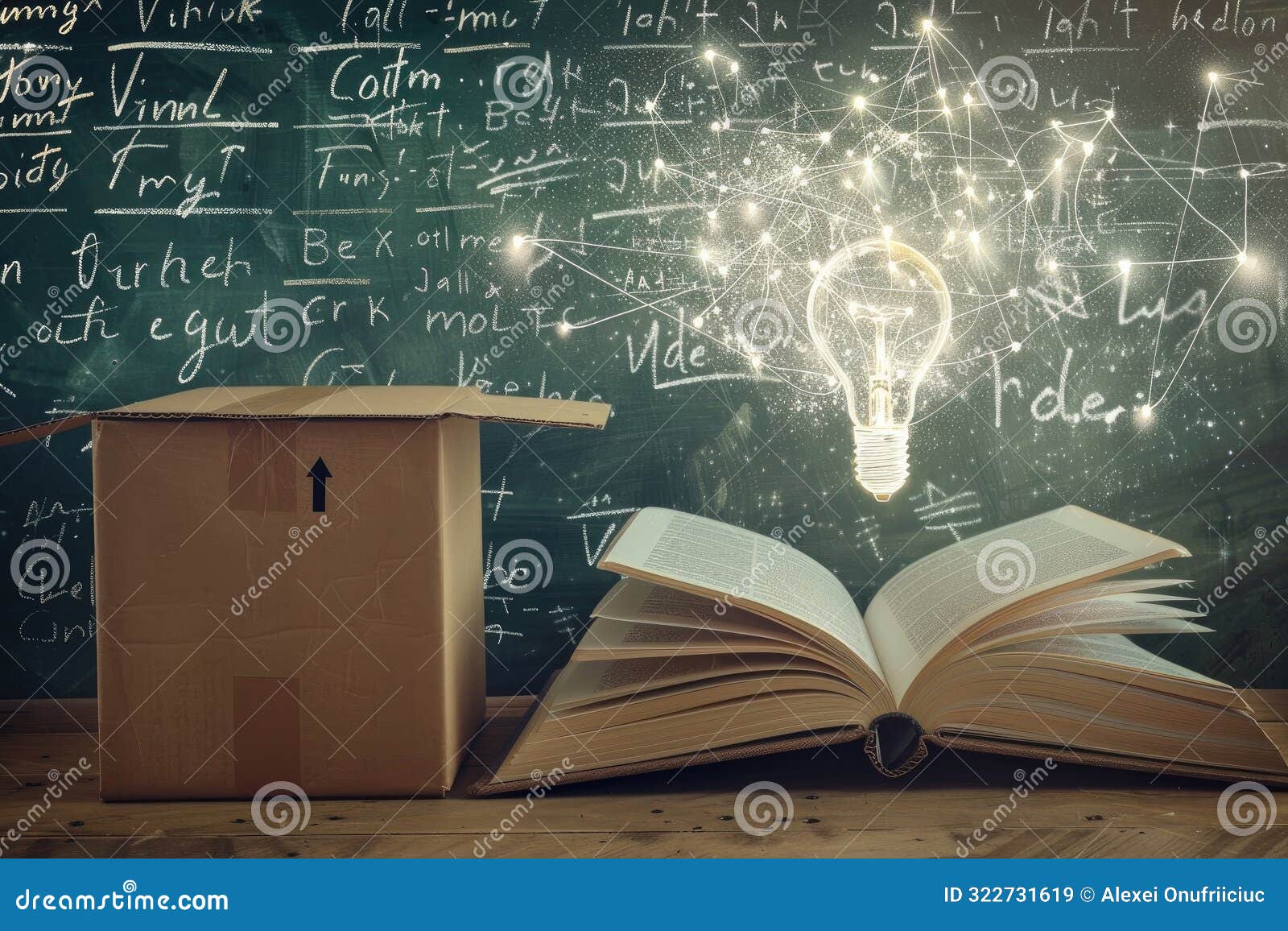 An Open Book with a Light Bulb in Front of a Blackboard Stock Image ...
