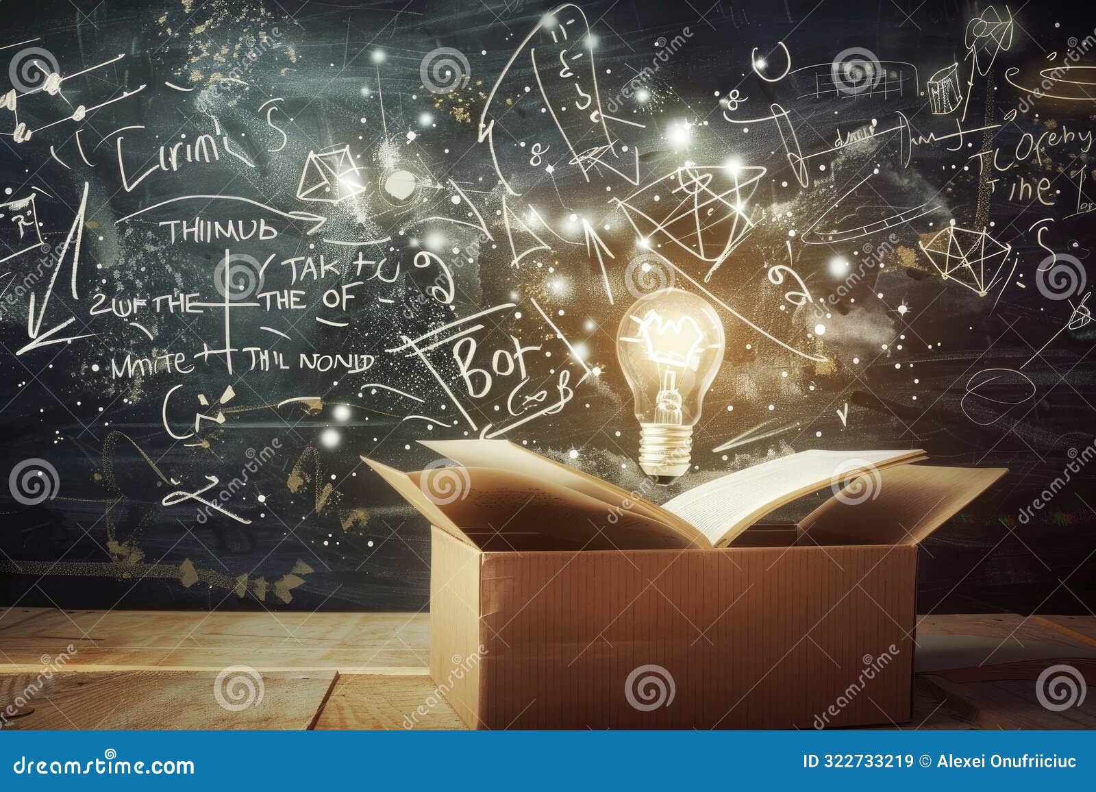 An Open Book with a Light Bulb in Front of a Blackboard Stock Image ...